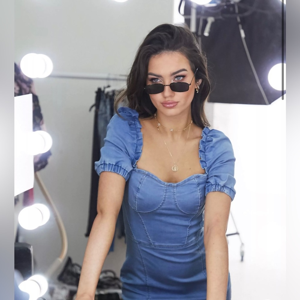 Denim Bodycon Dress With Puff Sleeves And Corset Deta… - Gem